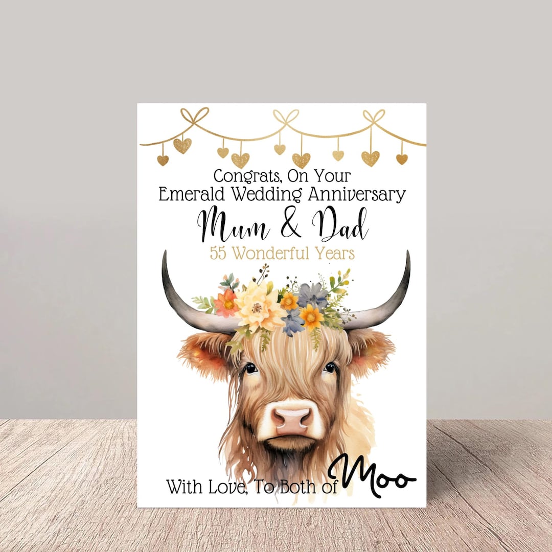 Emerald Wedding Anniversary Card for Mum & Dad Highland Cow ...