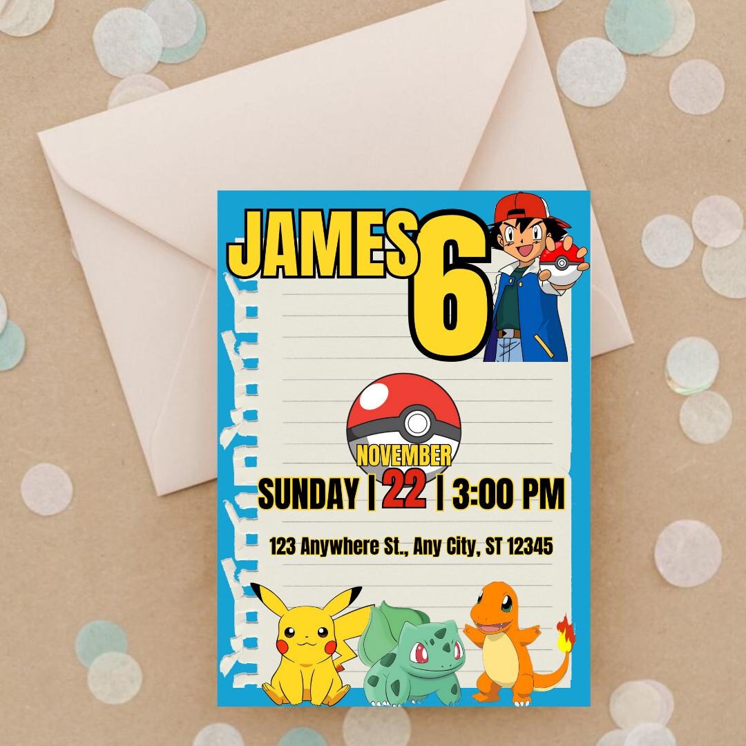 Pokemon Invitation Card, Pikachu Birthday Party Printable, Kids ...