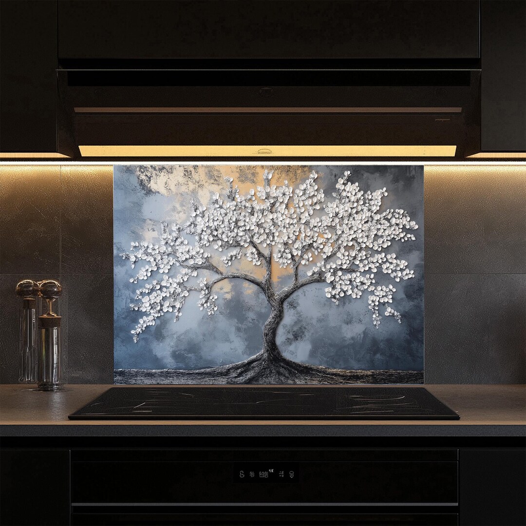 Silver Tree of Life Tempered Glass Kitchen Backsplash Tile,stove ...