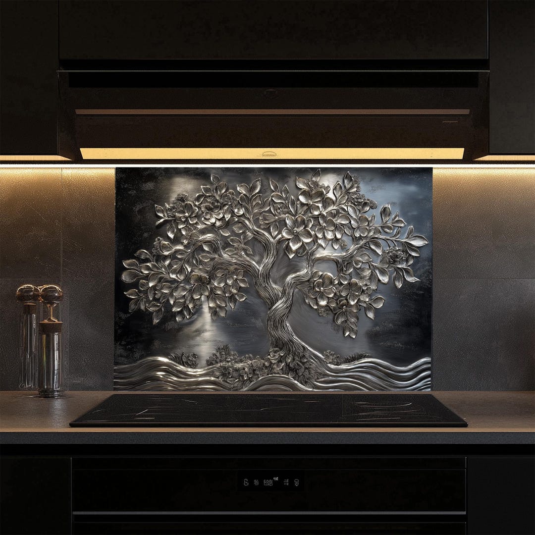 Silver Tree of Life Tempered Glass Kitchen Backsplash Tile,stove ...