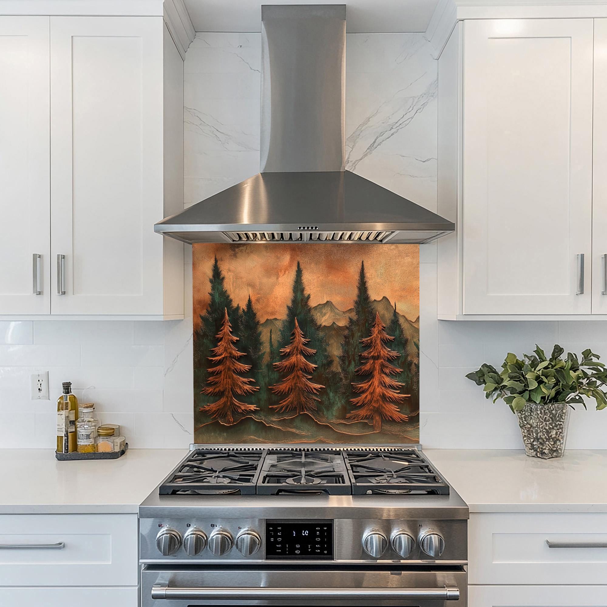 Copper Pine Tree Tempered Glass Backsplash,kitchen Backsplash Behind ...