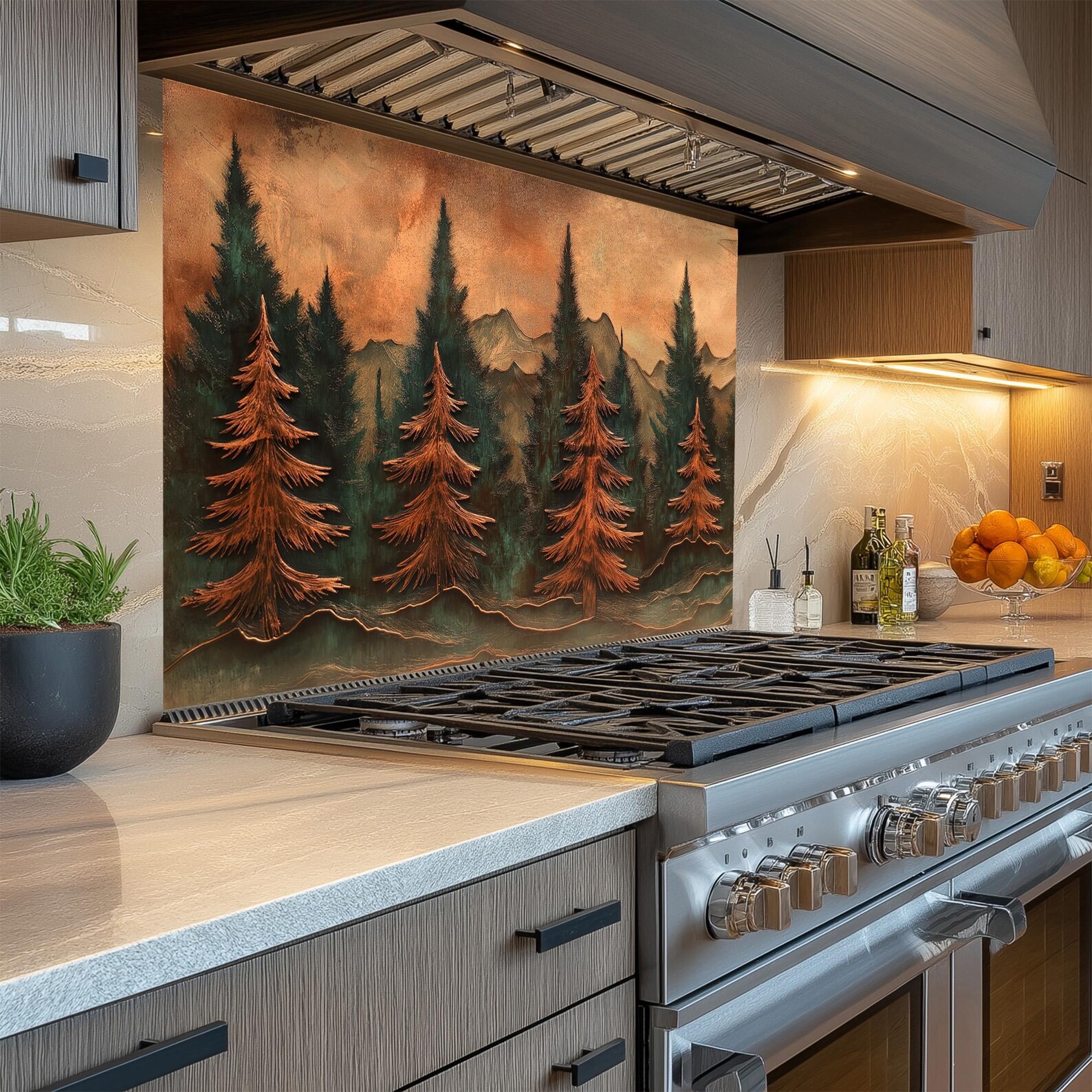 Copper Pine Tree Tempered Glass Backsplash,kitchen Backsplash Behind ...