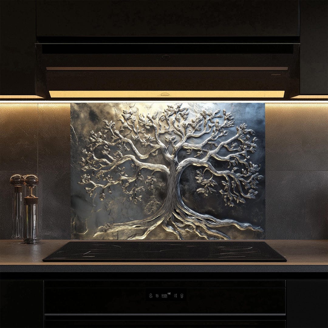 Silver Tree of Life Tempered Glass Kitchen Backsplash Tile,stove ...