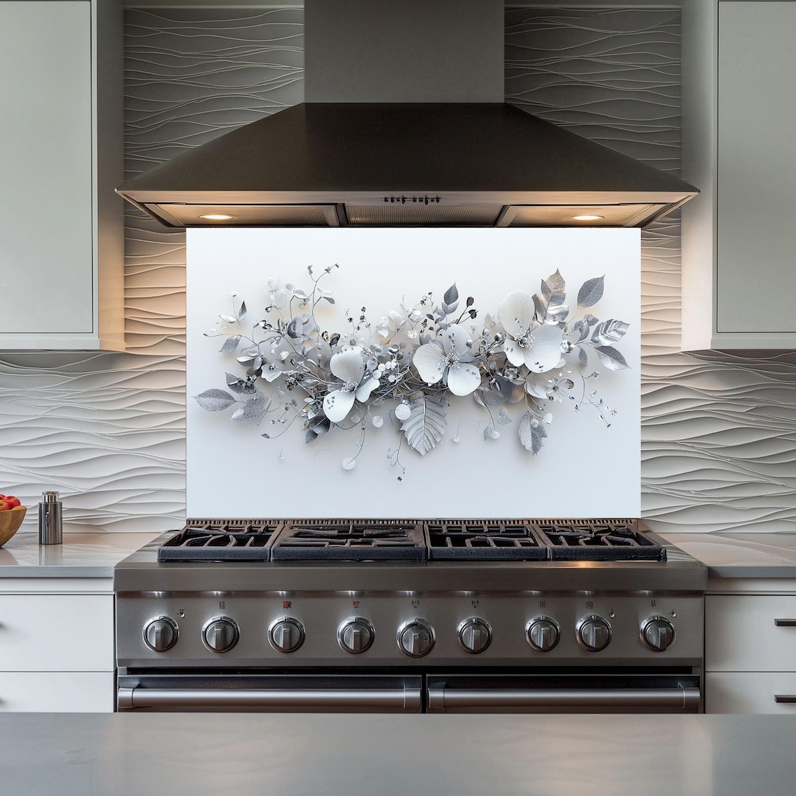 Silver Flowers Tempered Glass Kitchen Backsplash Behind Stove,kitchen ...