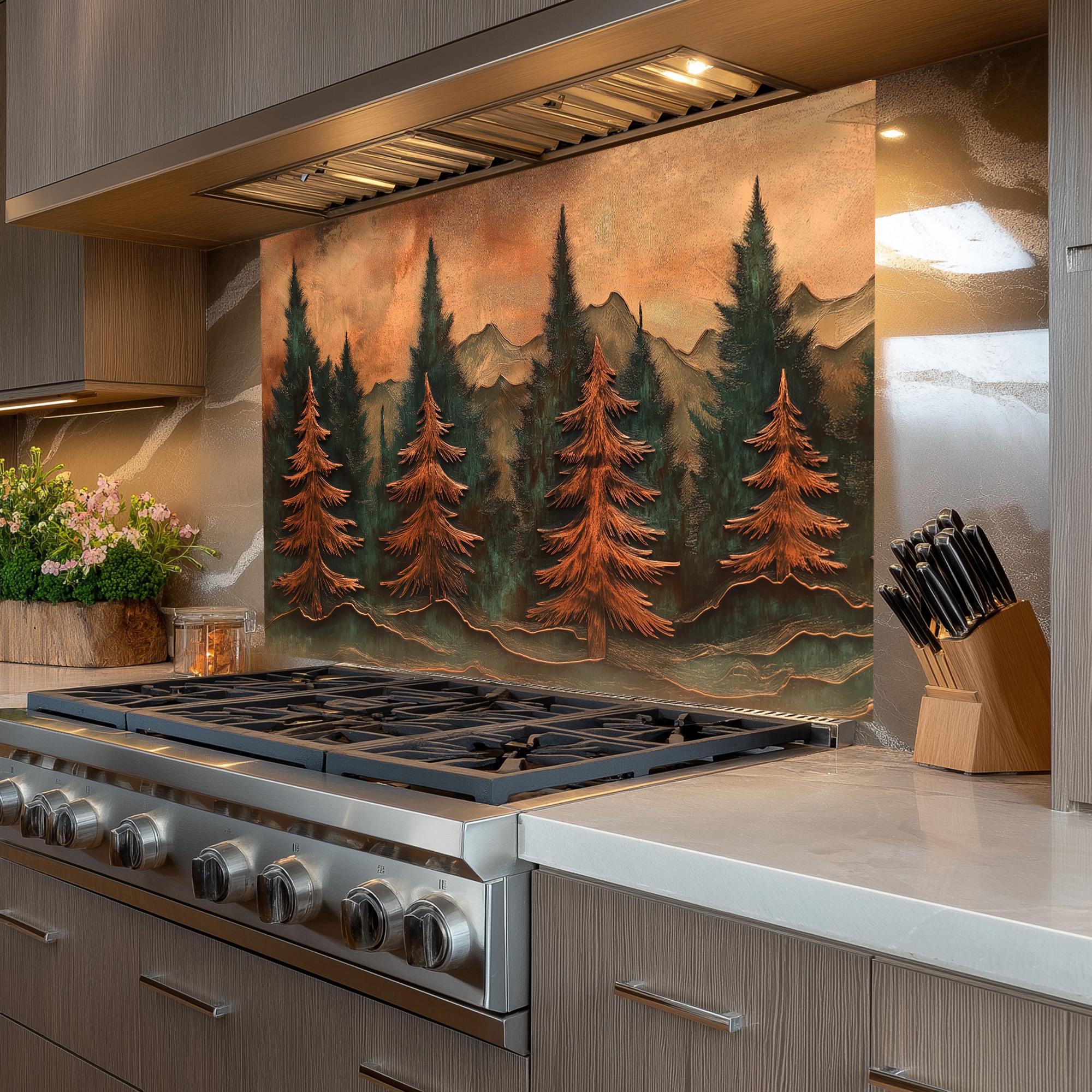 Copper Pine Tree Tempered Glass Backsplash,kitchen Backsplash Behind ...