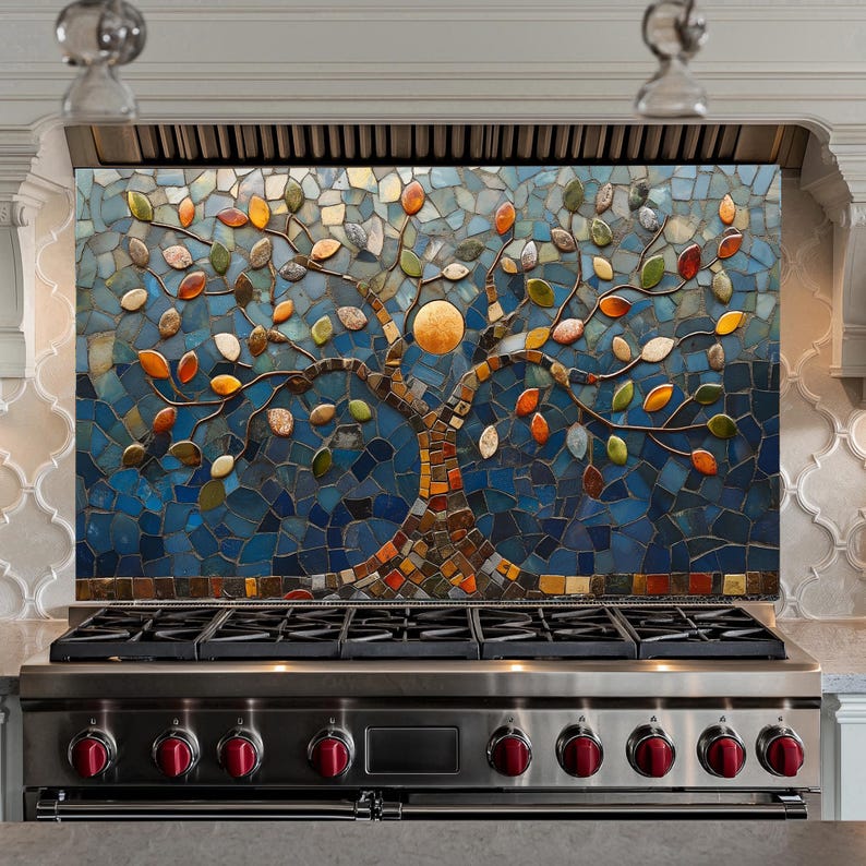 Mosaic Tree of Life Tempered Glass Kitchen Backsplash Tile,stove Backsplash for Kitchen,kitchen ...