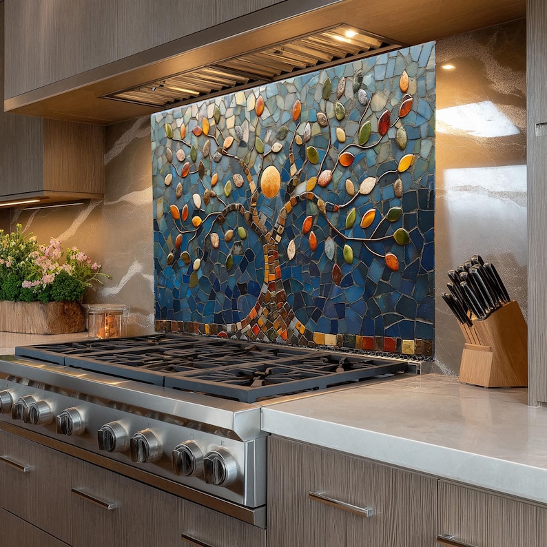 Mosaic Tree of Life Tempered Glass Kitchen Backsplash Tile,stove ...