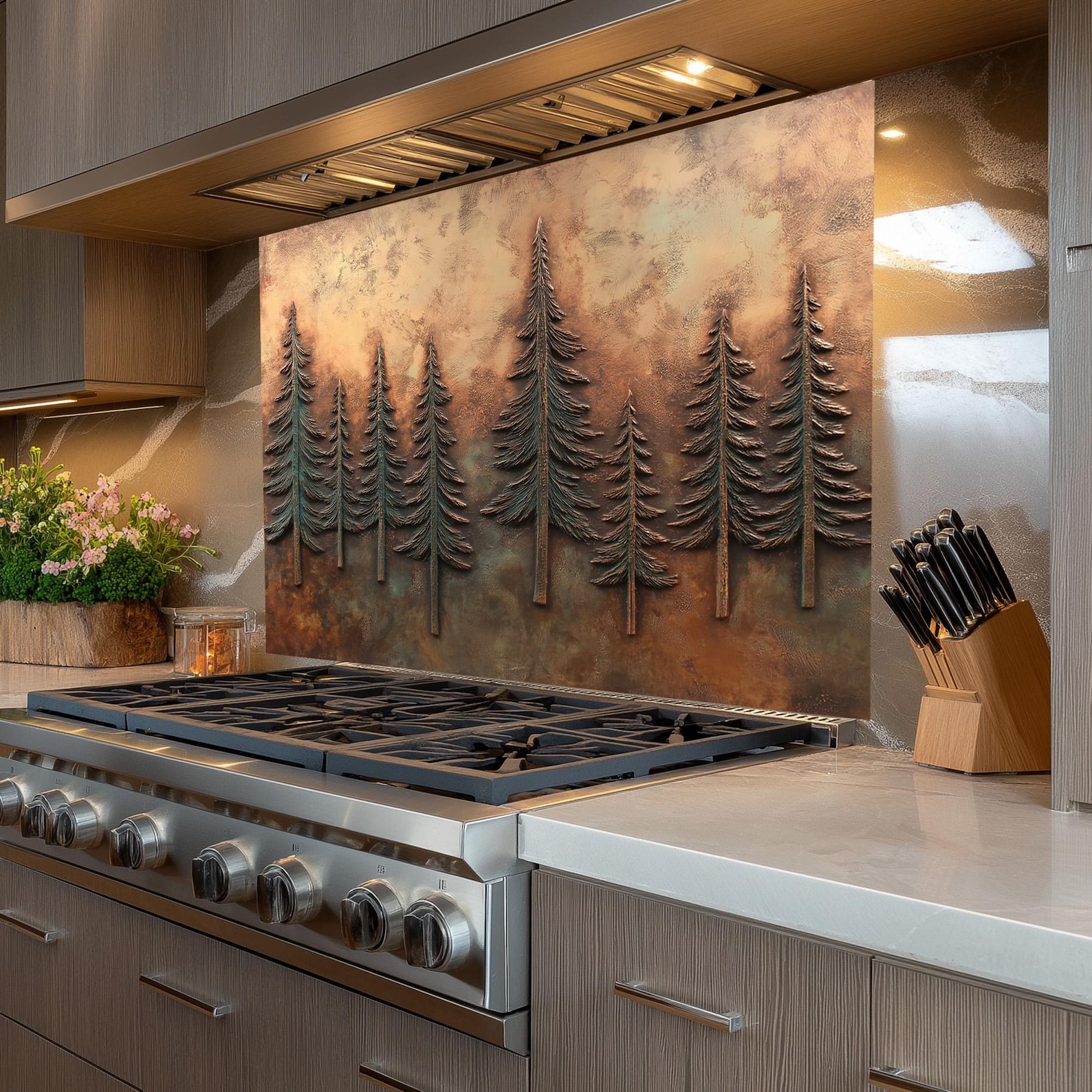 Copper Pine Tree Tempered Glass Backsplash,kitchen Backsplash Behind ...