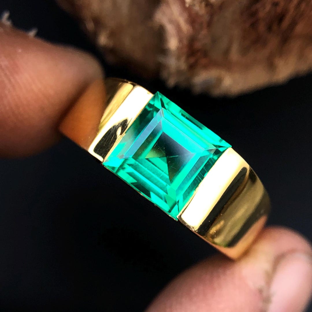 14k Gold Emerald Wedding Ring Mens 4ct Square Cut Green Color Gemstone ...