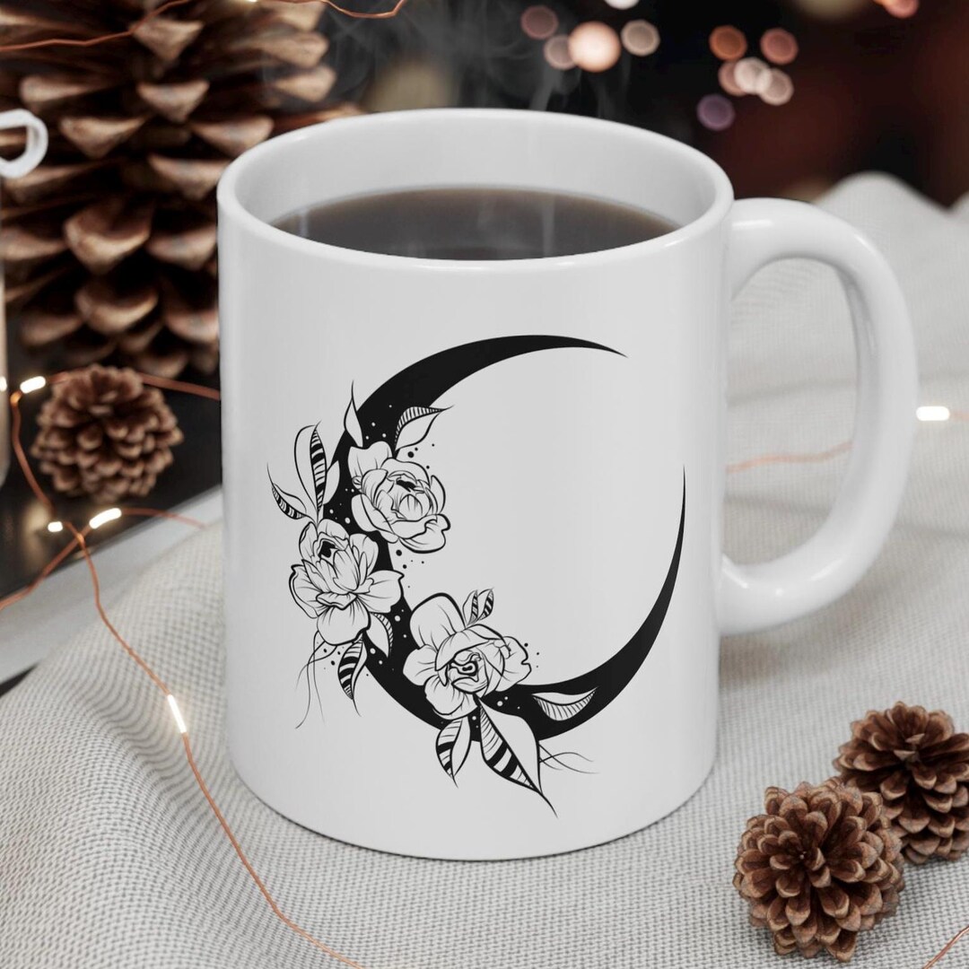 Crescent Moon Mug, Celestial Coffee Cup, Lunar Tea Mug, Floral Moon ...