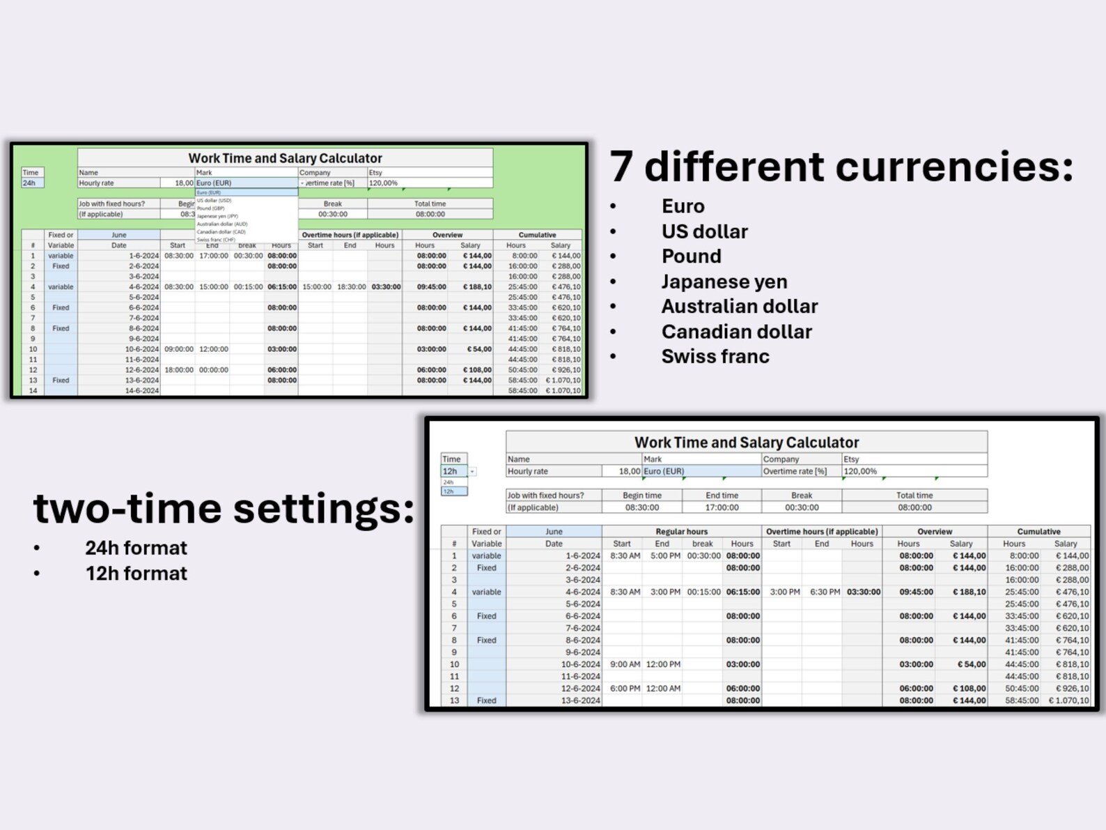 Payroll and Work Timesheet Calculator - Monthly Template - Track Hours ...