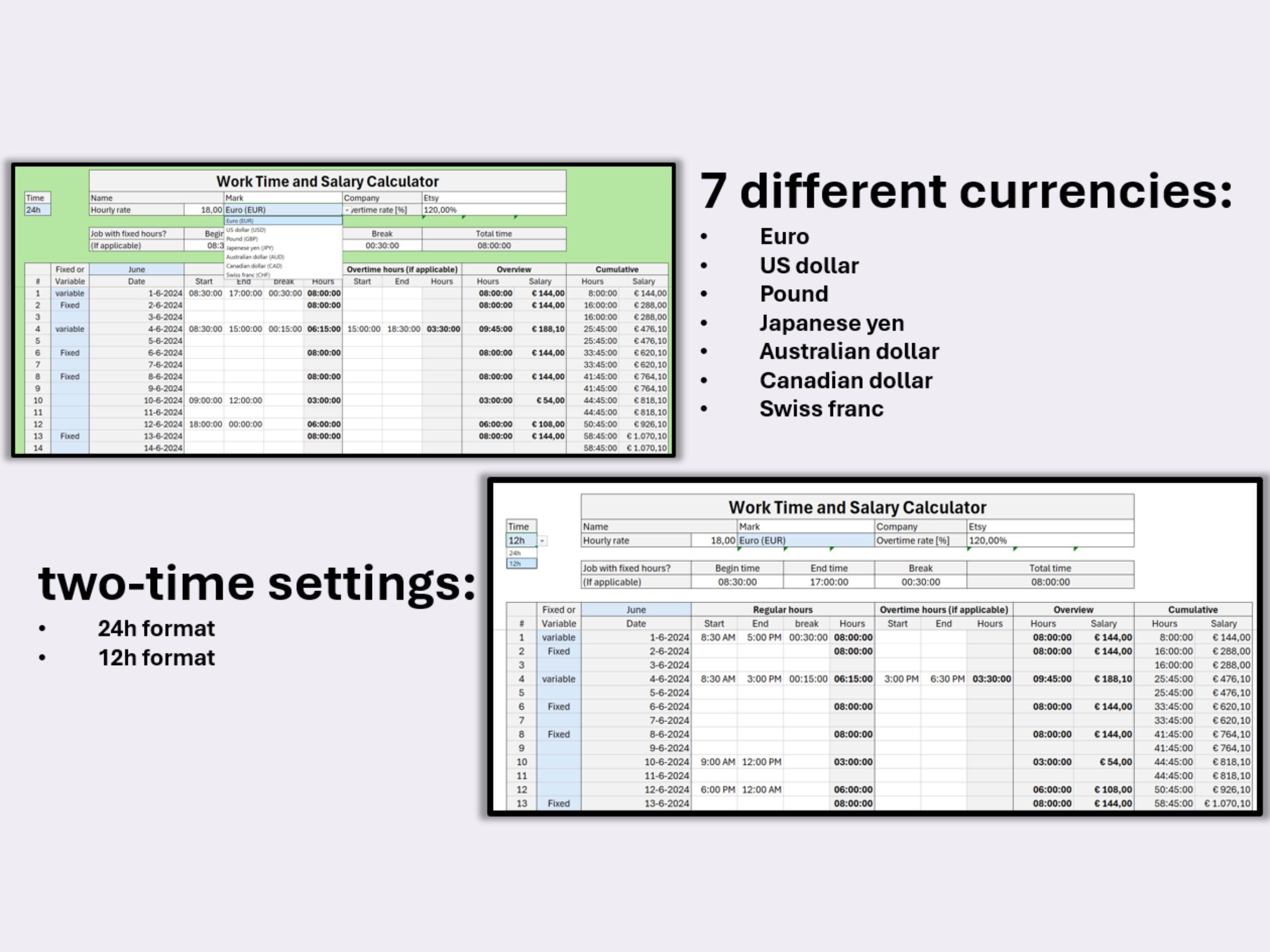 Payroll and Work Timesheet Calculator - Monthly Template - Track Hours ...