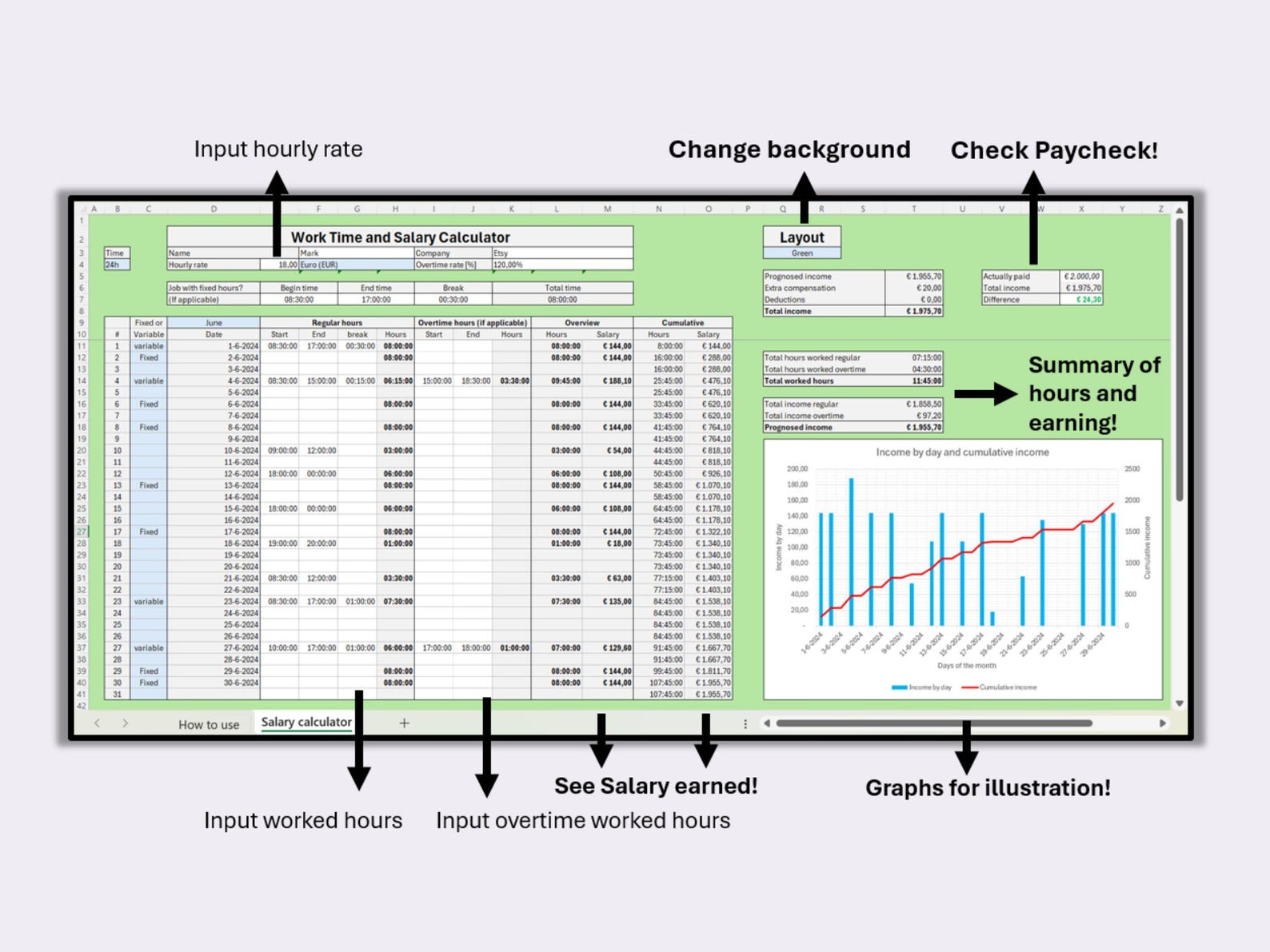 Payroll and Work Timesheet Calculator - Monthly Template - Track Hours ...