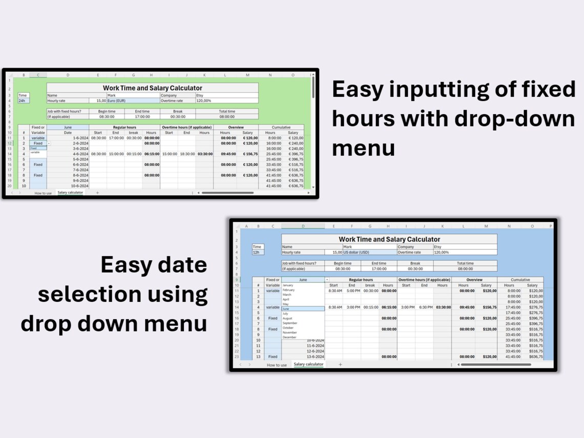 Payroll and Work Timesheet Calculator - Monthly Template - Track Hours ...