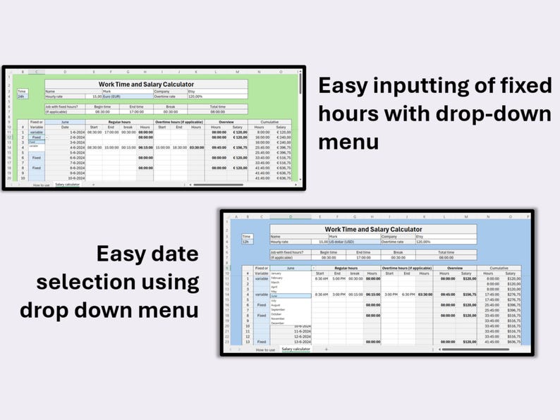 Payroll and Work Timesheet Calculator - Monthly Template - Track Hours ...