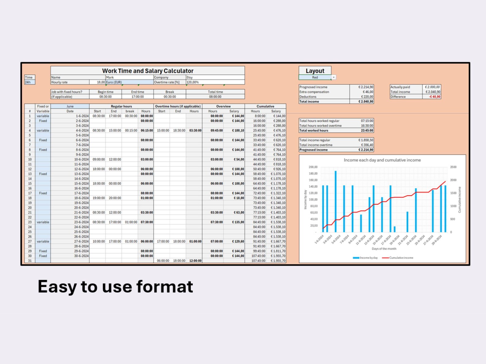 Payroll and Work Timesheet Calculator - Monthly Template - Track Hours ...