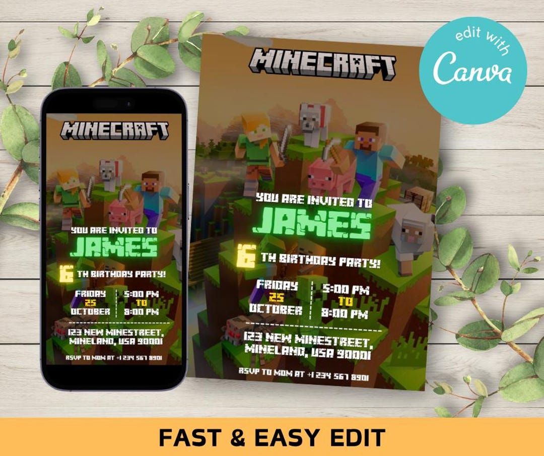Minecraft Birthday Invitation, Gamer Birthday Invite, Minecrafter ...