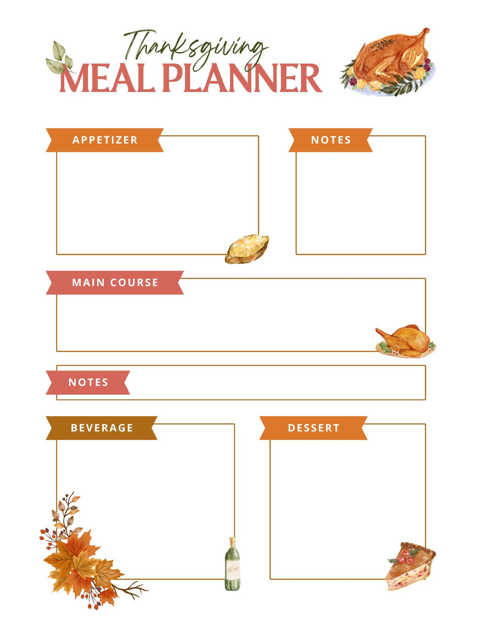 Thanksgiving Meal Planner Printable, Digital Download, Holiday Menu ...