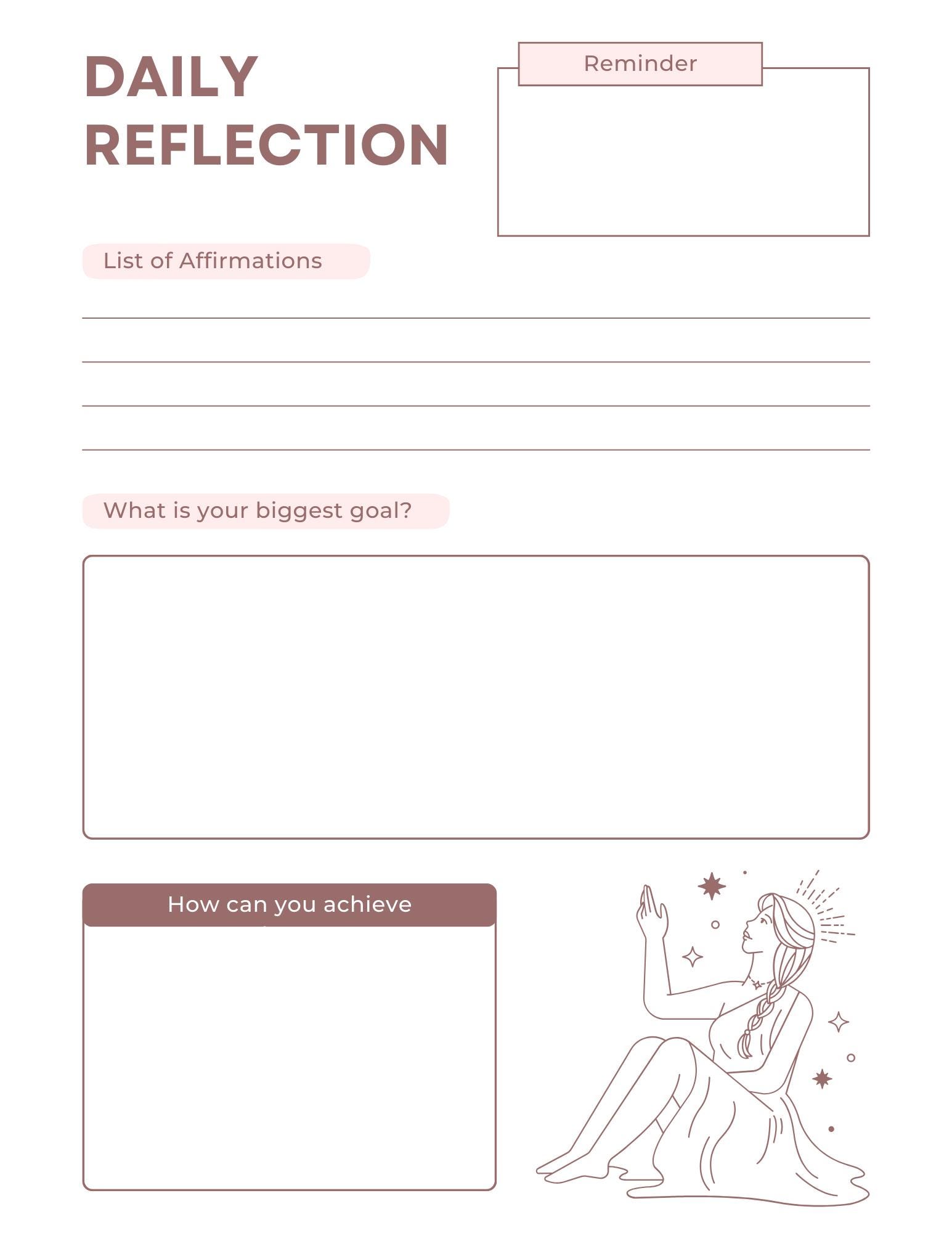 Daily Reflection Worksheet Printable PDF, Self Care Planner, Printable ...