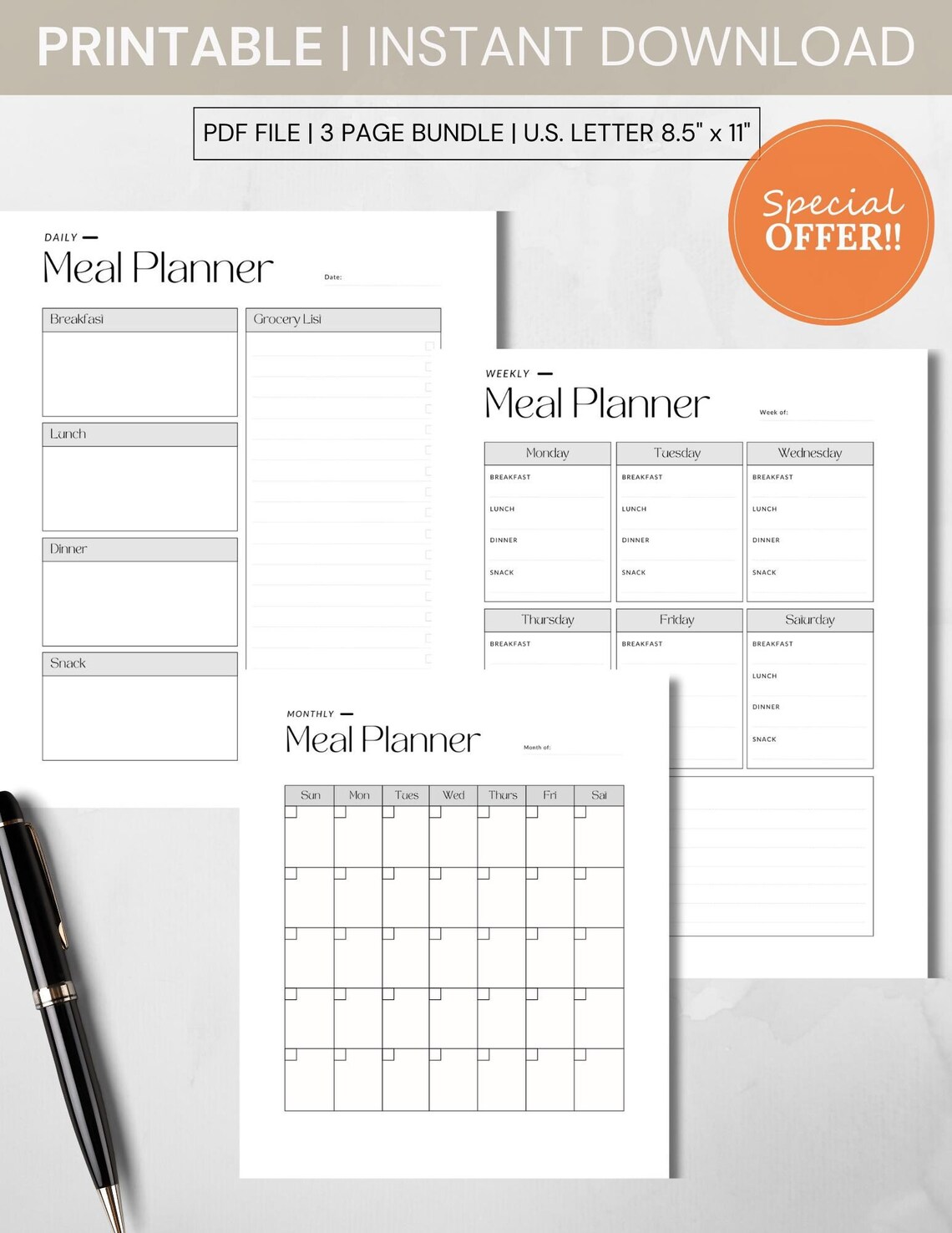 Printable Meal Planner Bundle, Digital Download Grocery List, Meal Prep ...