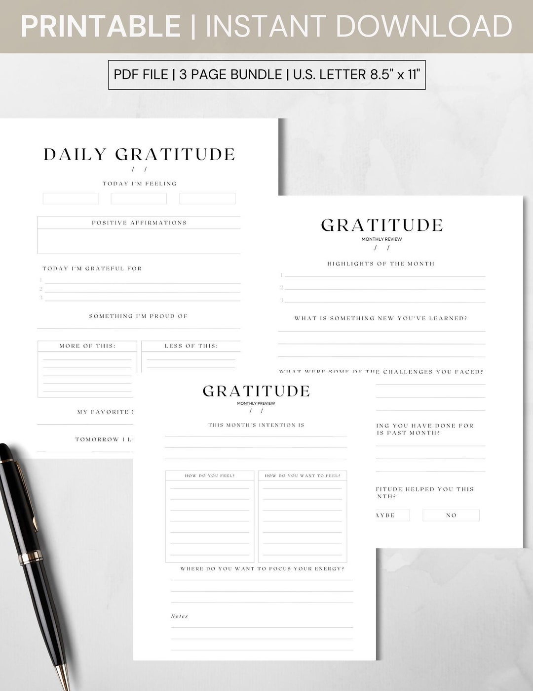 Gratitude Journal Printable Template, Daily and Monthly Reflection ...