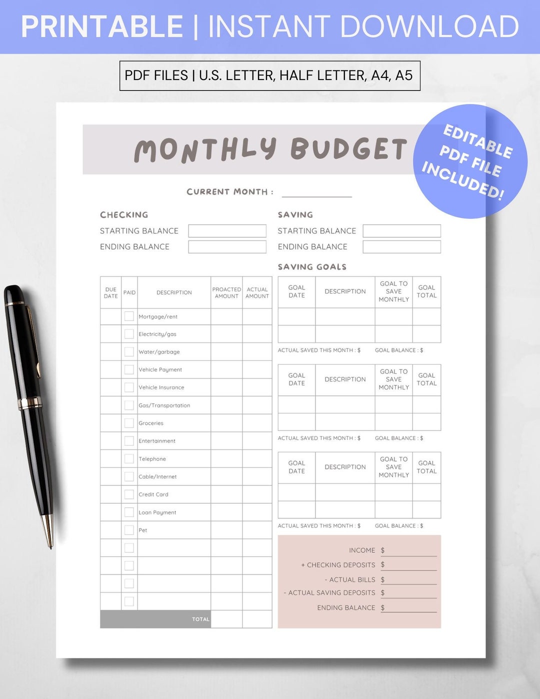 Printable Monthly Budget Planner, Finance Tracker, Personal Finance ...