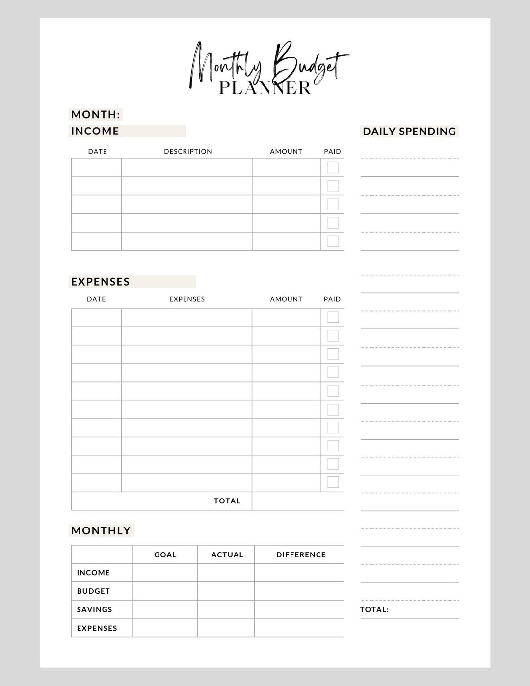 Printable Monthly Budget Planner, Finance Tracker, Personal Finance ...
