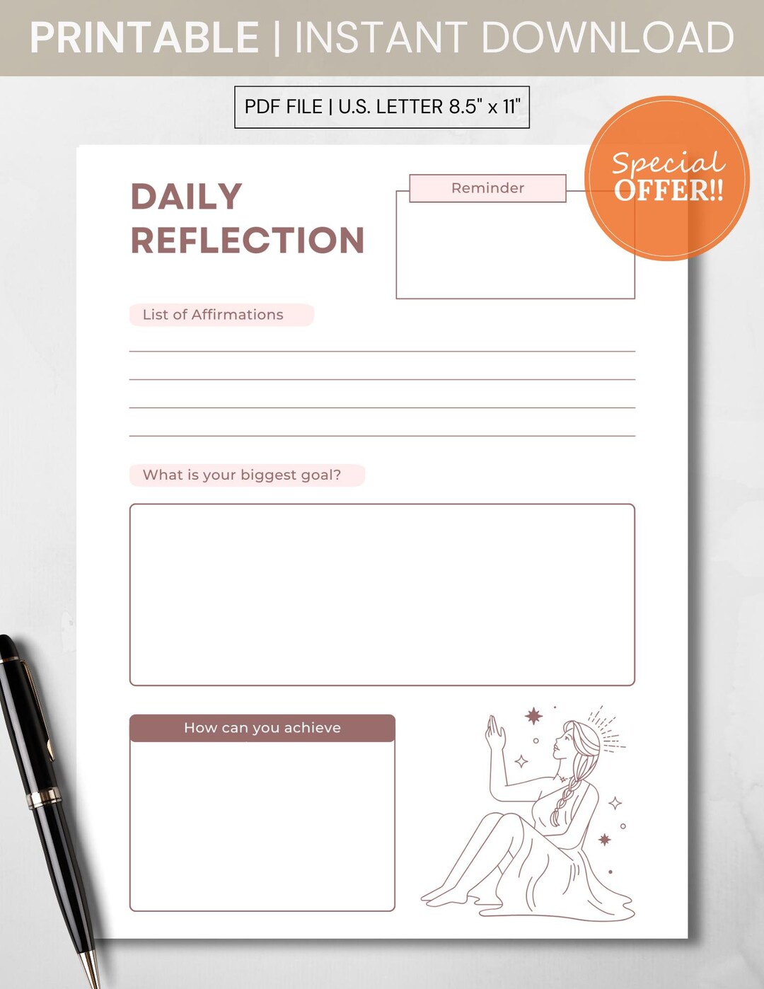Daily Reflection Worksheet Printable PDF, Self Care Planner, Printable ...