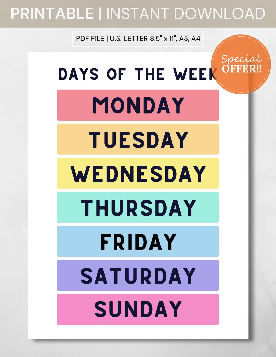Printable Days of the Week, Digital Download Art, Various Sizes ...