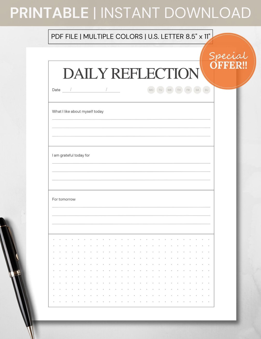 Daily Self Reflection Worksheet, Printable Journal Page (digital ...