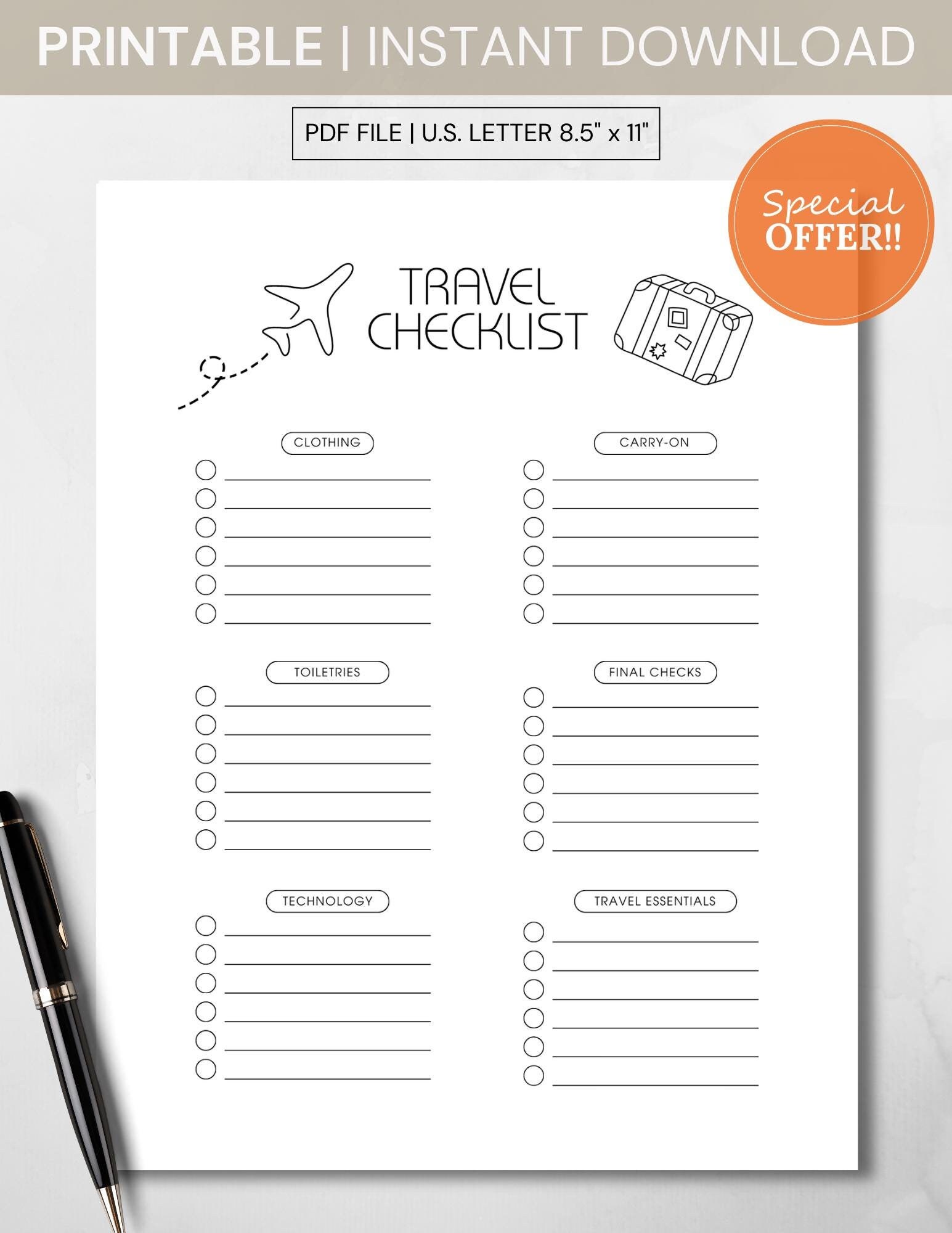 Printable Travel Packing List, Digital Download Organizer, Trip Planner ...