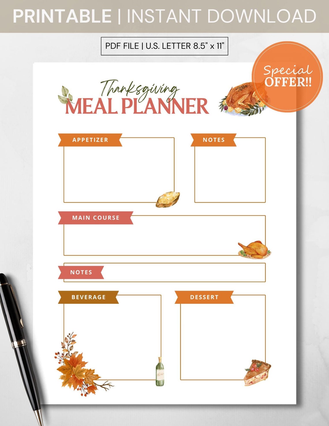 Thanksgiving Meal Planner Printable, Digital Download, Holiday Menu ...