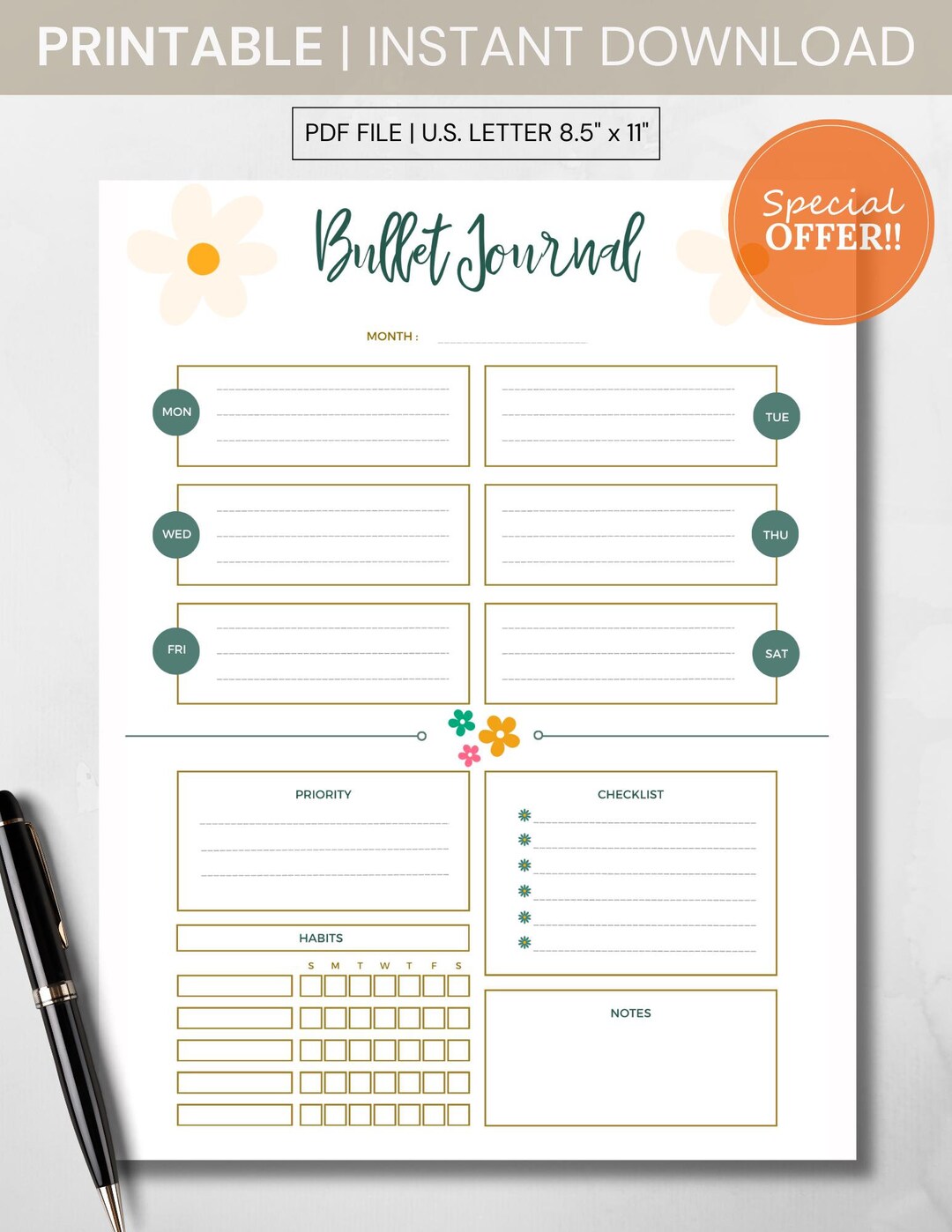 Monthly Bullet Journal Printable Pack, Planner Inserts, Digital ...