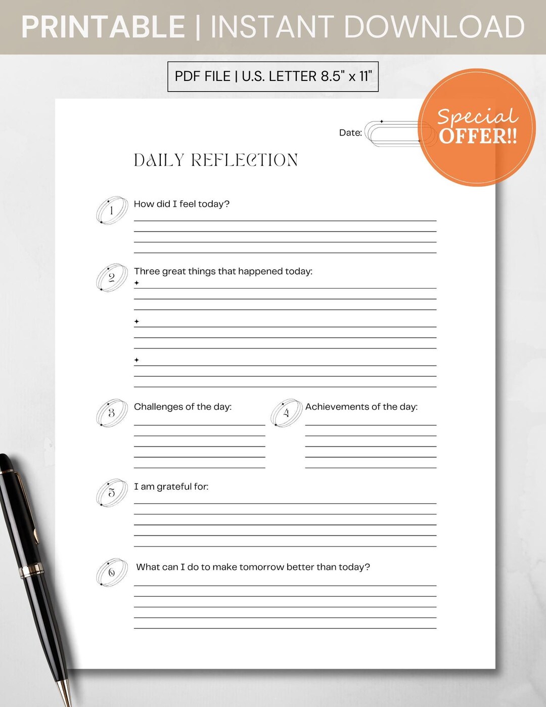 Daily Reflection Worksheet Printable PDF, Self Care Planner, Printable ...