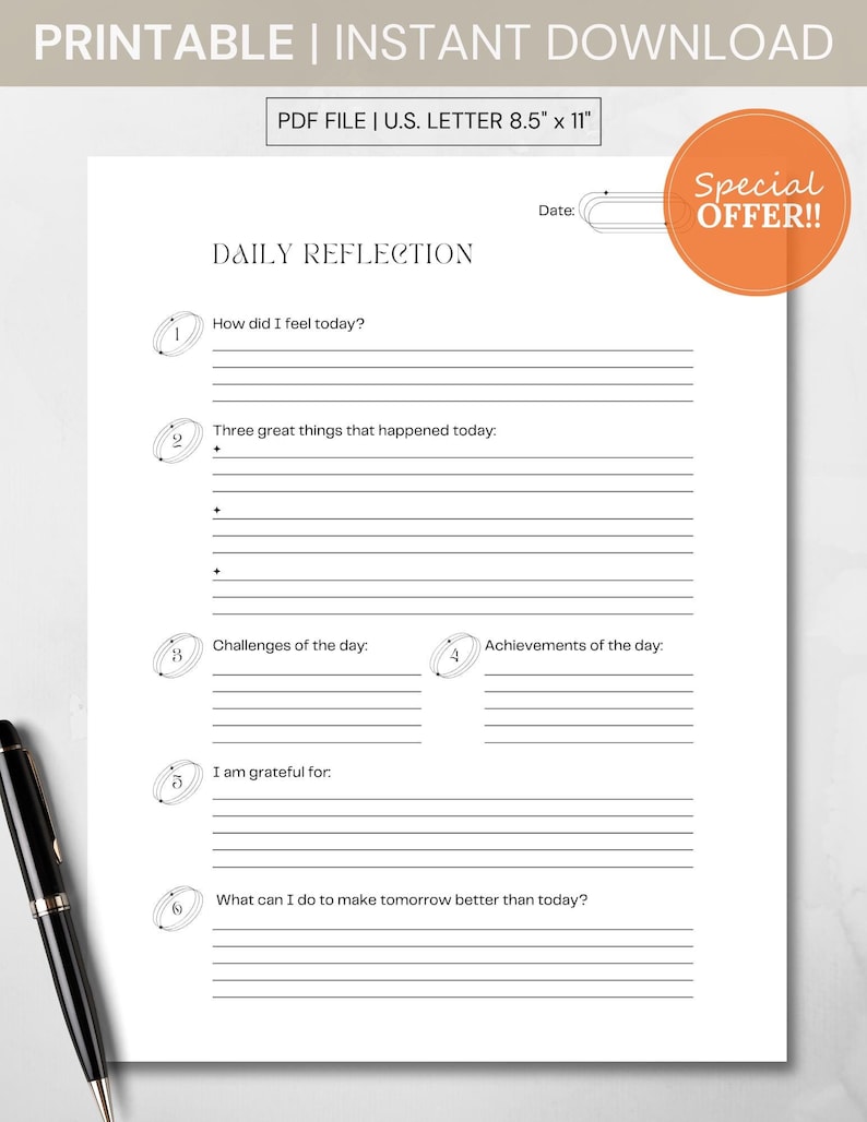Daily Reflection Worksheet Printable PDF, Self Care Planner, Printable ...