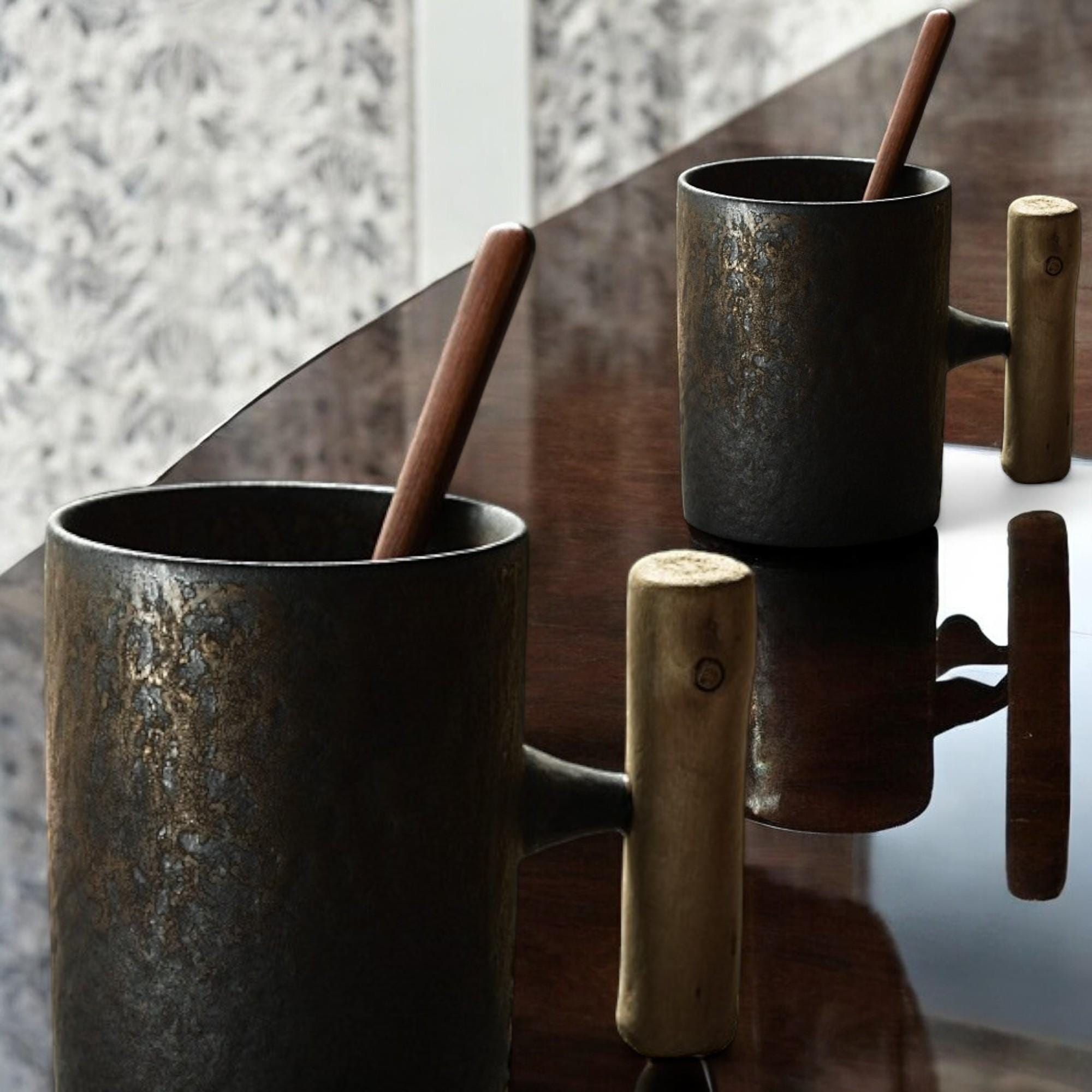 Rustic Ceramic Mug With Wooden Handle - Country Style Coffee Cup ...