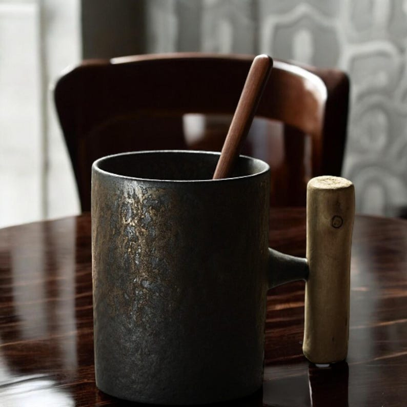 Rustic Ceramic Coffee Mug: Country Style Stoneware With Wooden Handle ...