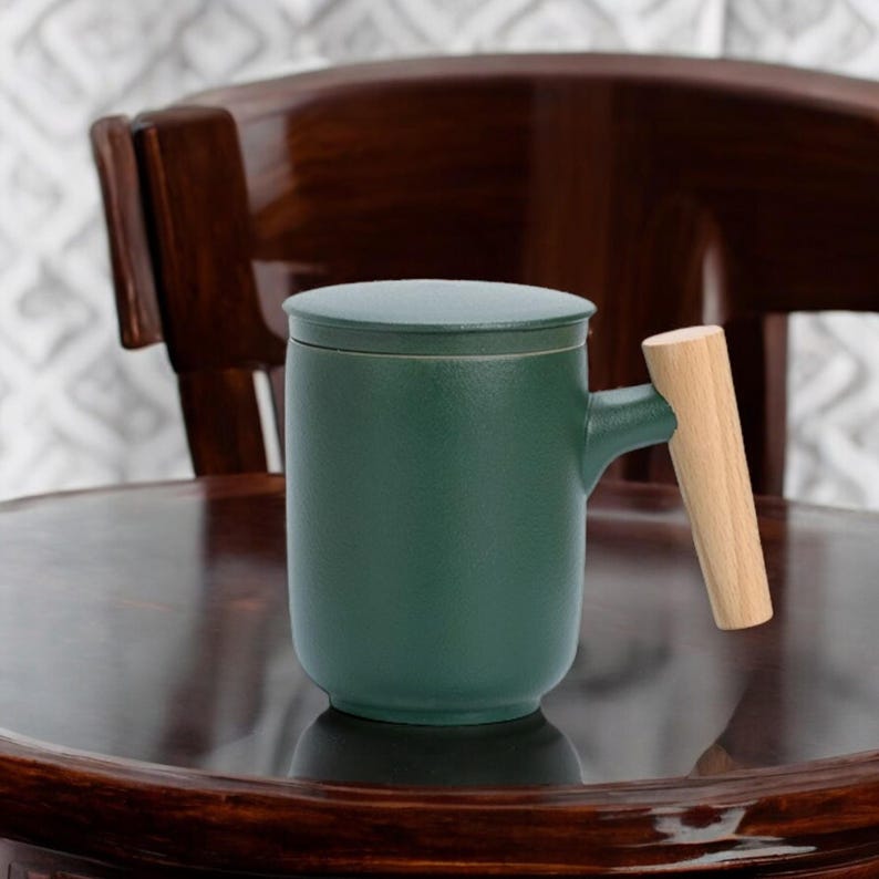 Ceramic Tea Mug With Wooden Handle & Filter Lid - Etsy