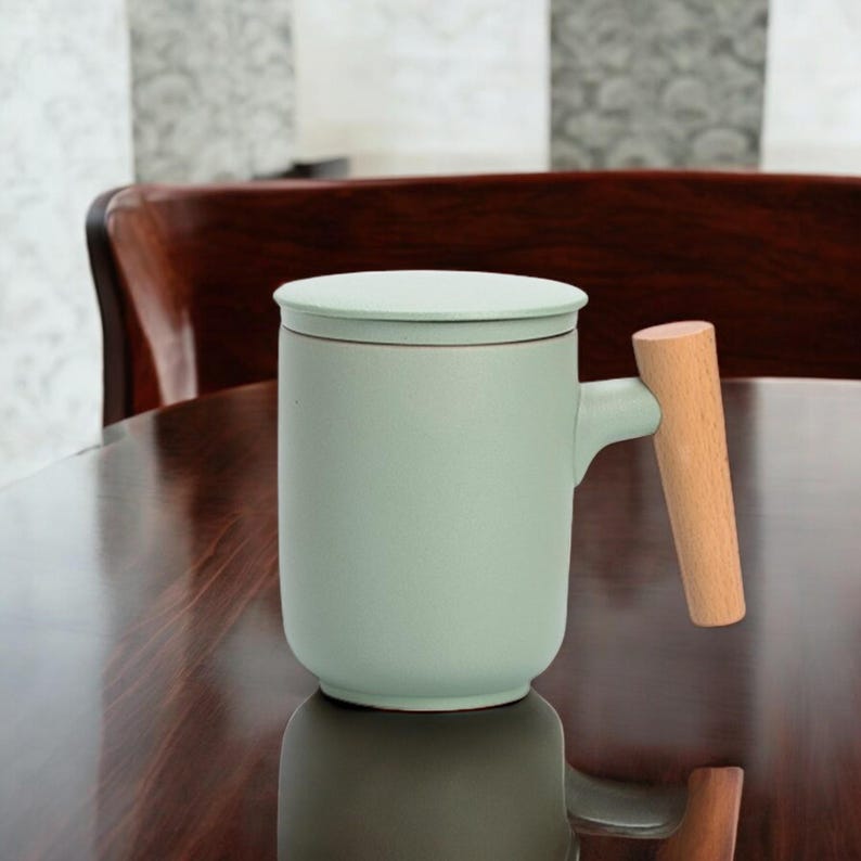 Ceramic Tea Cup With Lid & Wooden Handle, Stoneware Mug With Filter ...