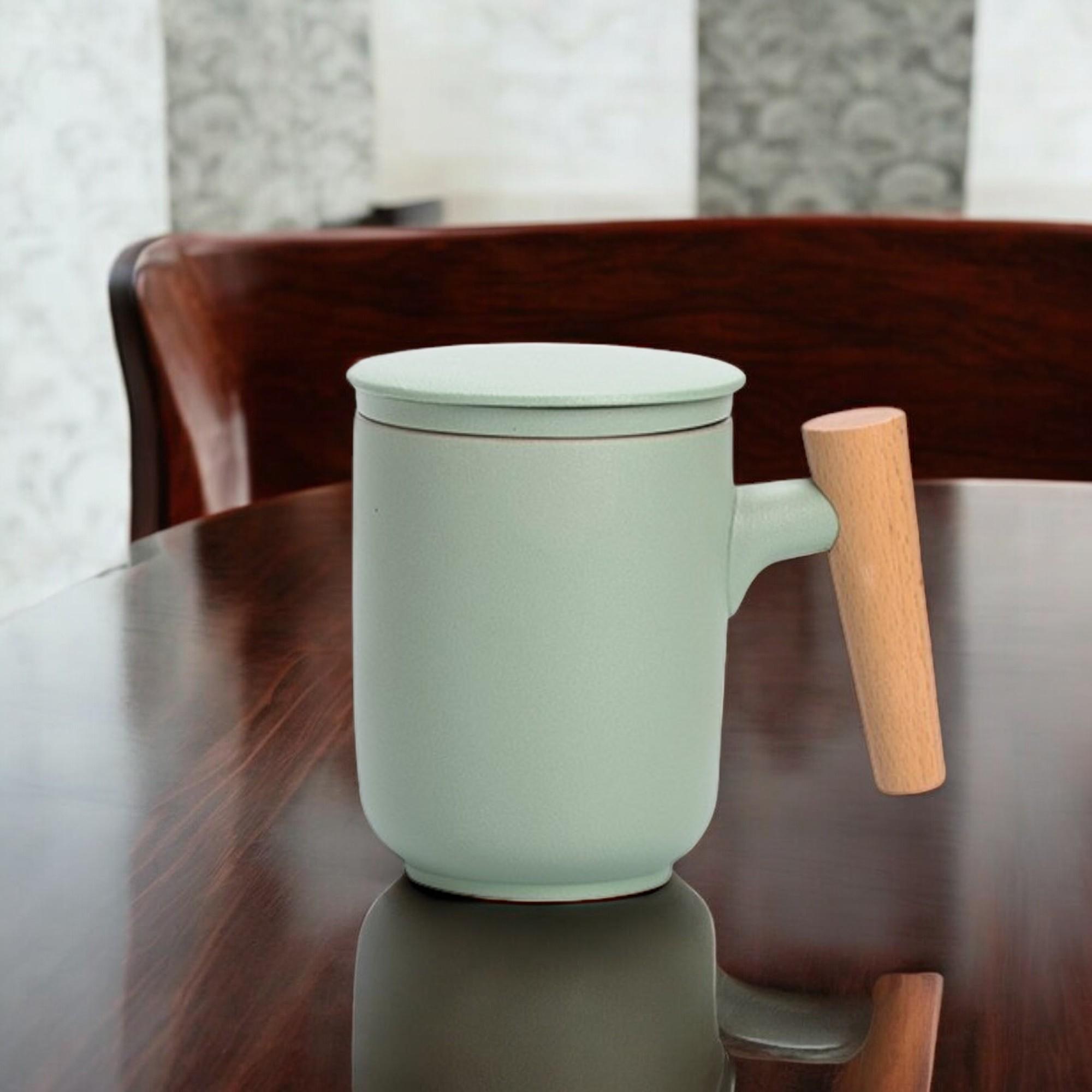 Ceramic Tea Mug With Wooden Handle & Filter Lid - Etsy