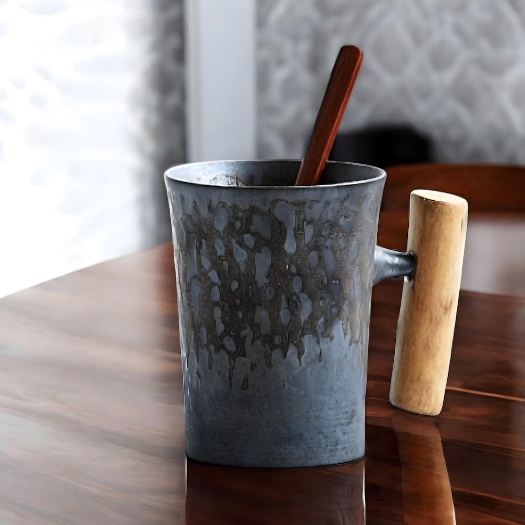 Rustic Ceramic Mug With Wooden Handle - Country Style Coffee Cup ...