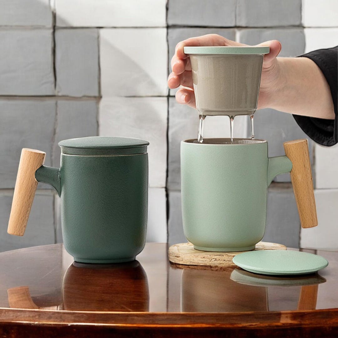 Ceramic Tea Cup With Lid & Wooden Handle, Stoneware Mug With Filter ...