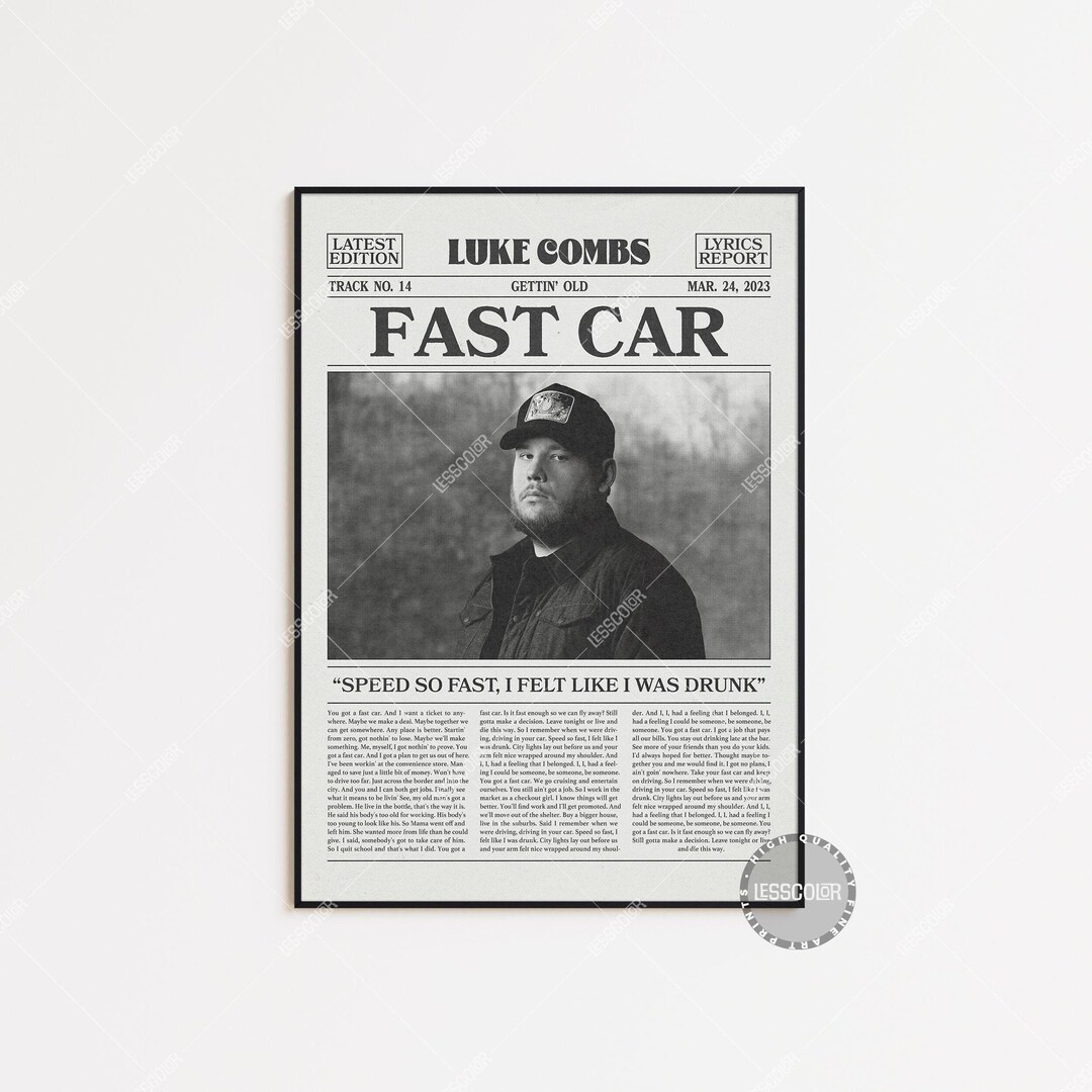 Luke Combs Retro Newspaper Print, Fast Car Poster, Fast Car Lyrics ...