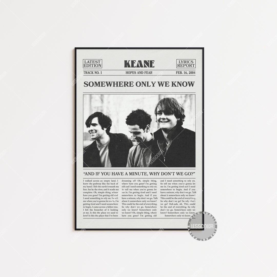 Keane Retro Newspaper Print, Somewhere Only We Know Poster, Somewhere ...
