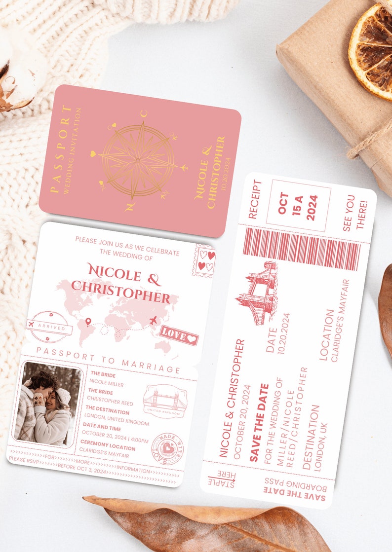 Rose Pink Passport and Boarding Pass Wedding Invitation, Modern ...