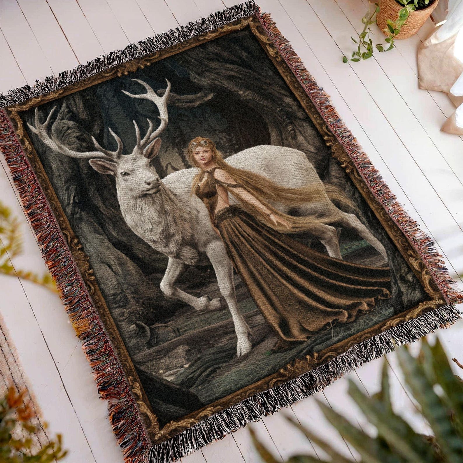 A Girl and Reindeer Woven Blanket, Gothic Girl 2025 Tapestry Gift, Cozy ...