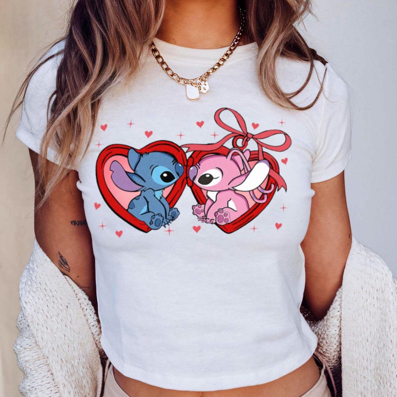Lilo Stitch Angel Couple Locket Baby Tee & T-shirt Y2K, Womens Baby Tee ...