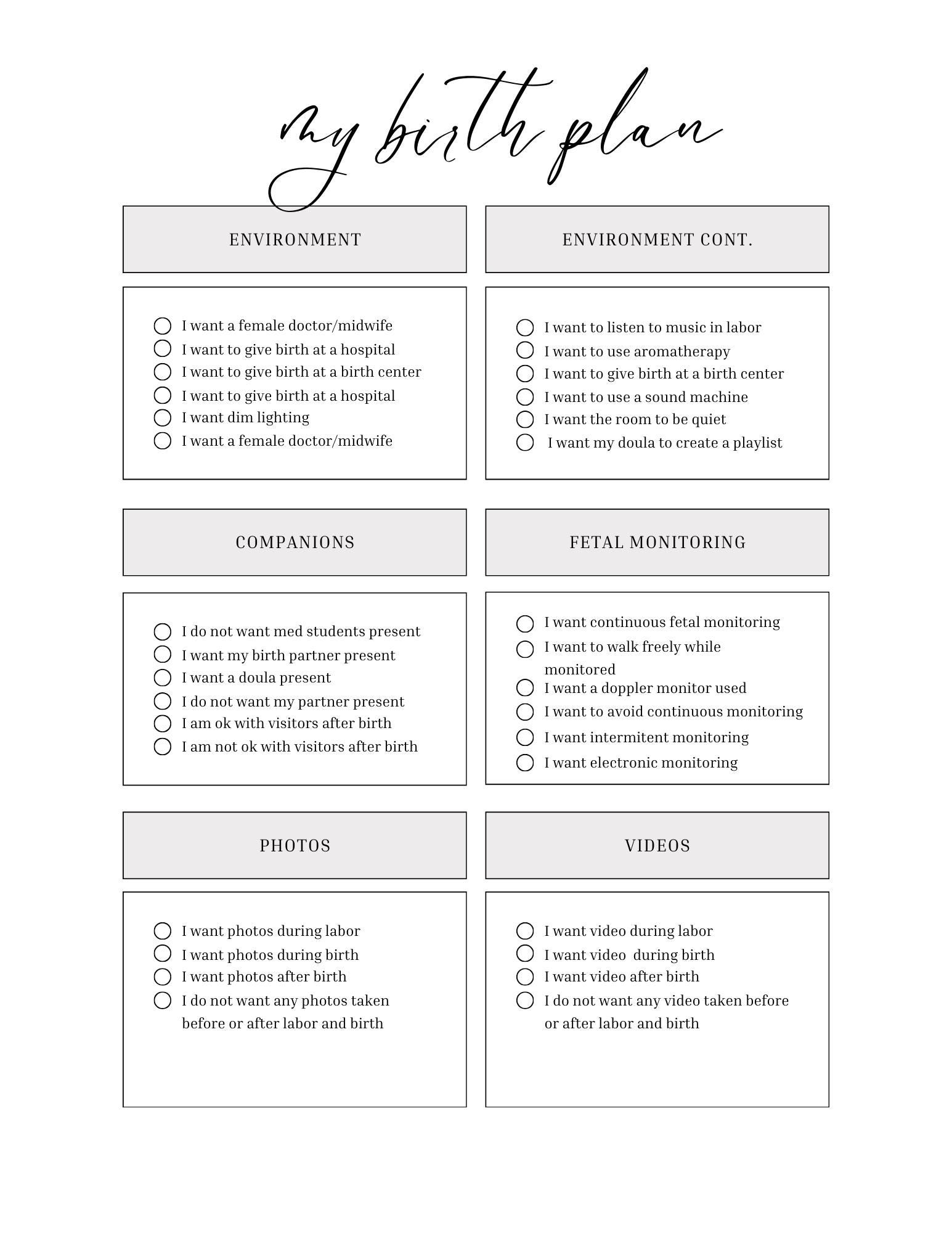 Minimalist Printable Birth Plan Checklist - Etsy