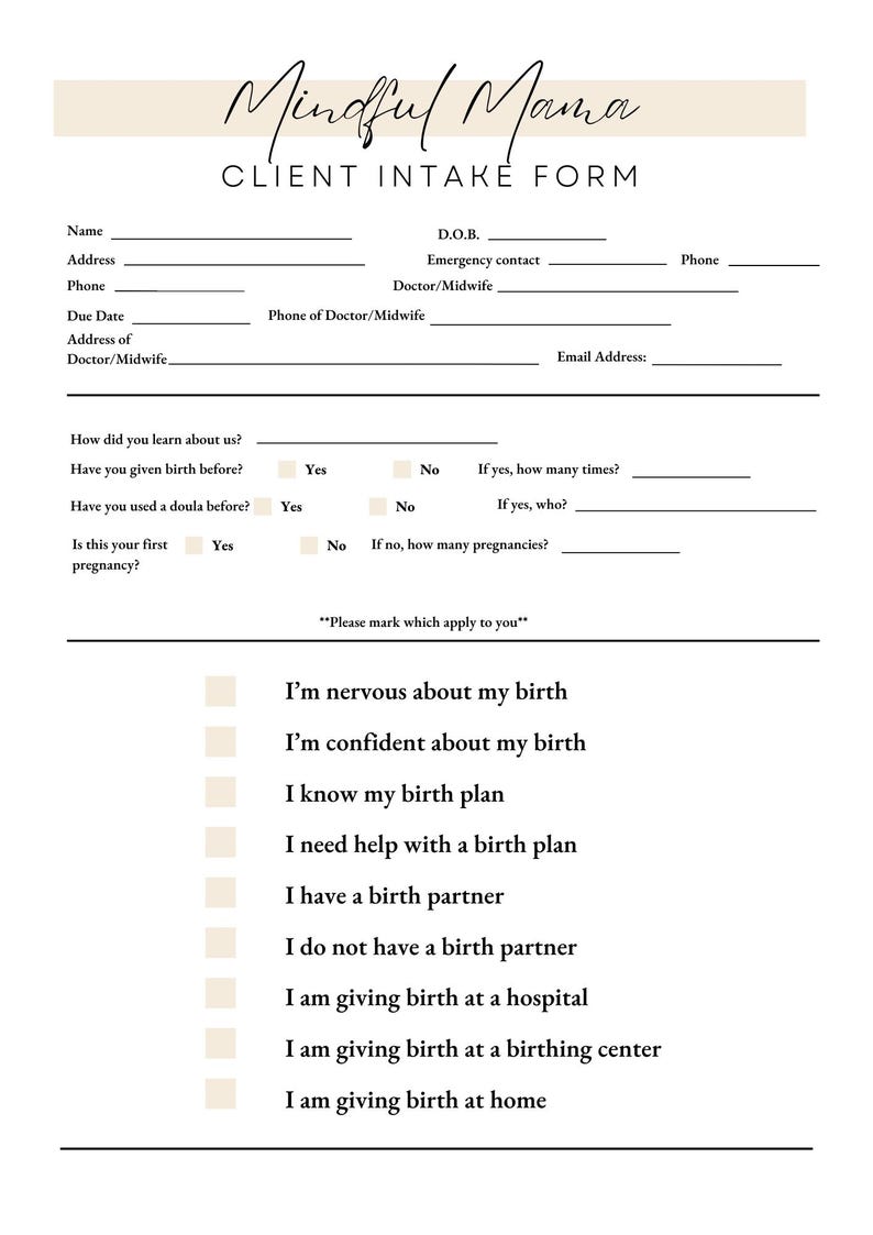 Minimalist Neutral Editable Doula Client Intake Form - Etsy