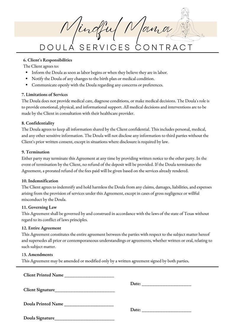 Labor and Birth Doula Services Contract EDITABLE - Etsy